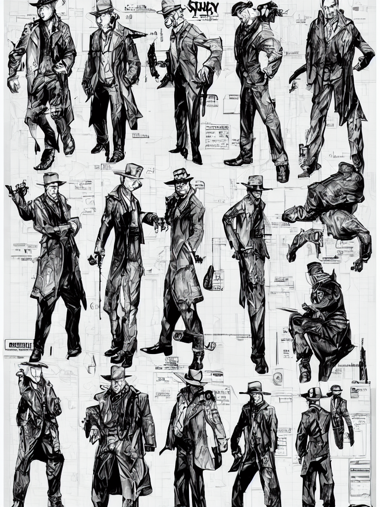 Stable Diffusion prompt: Nior detective, front side/back/...