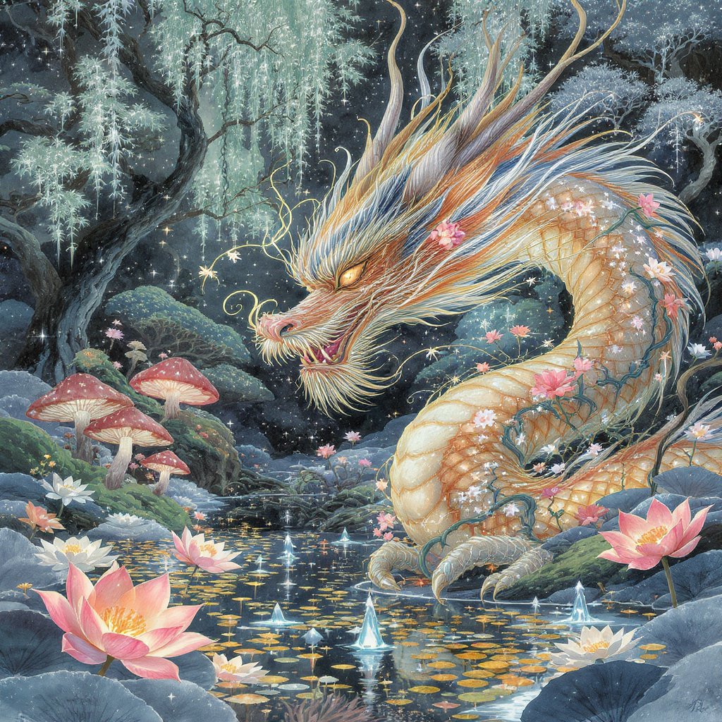 FLUX prompt: Korean Dragon, an elaborate depiction of a b...