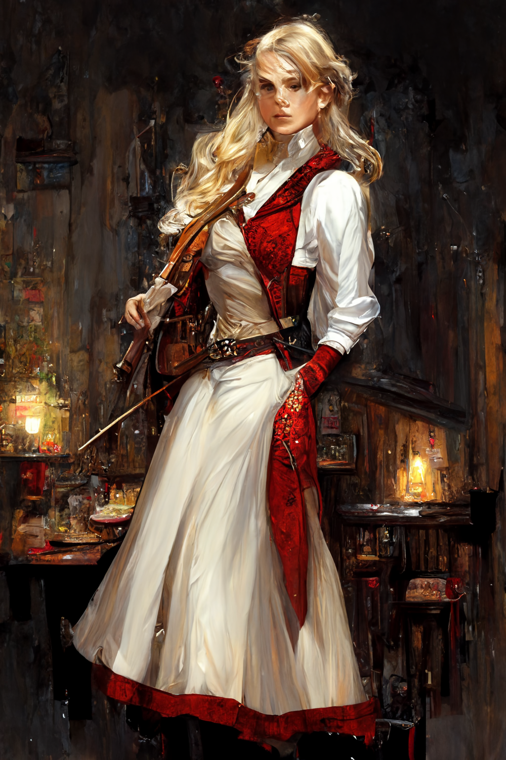 Midjourney prompt: dnd trans female half-elf bard. wavy b...