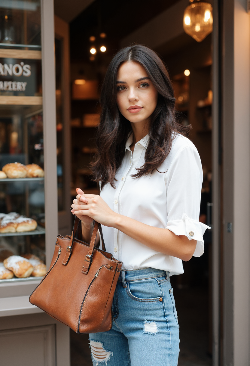 FLUX prompt: A young woman with luscious, dark brown hair...