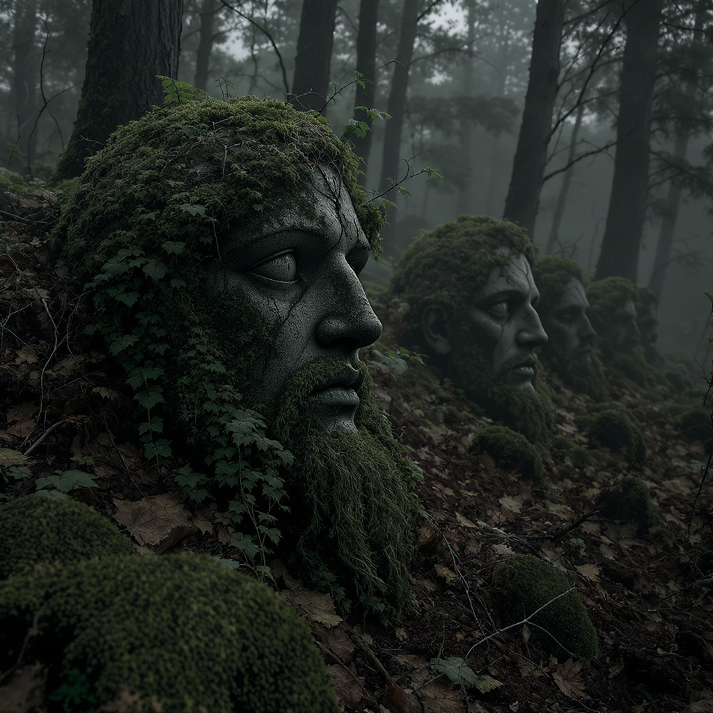 FLUX prompt: Overgrown stone statues half-buried in the f...