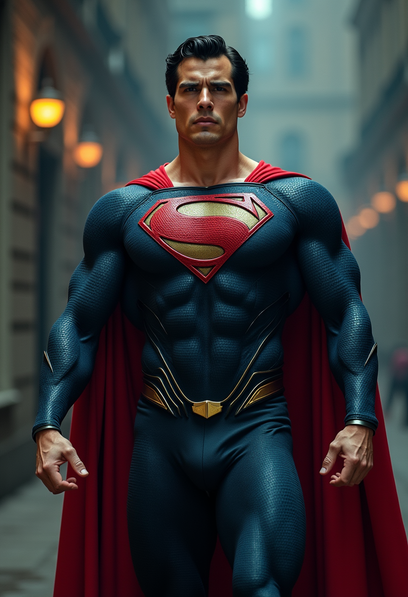 FLUX prompt: a muscular superman , whole body, cinematic,...