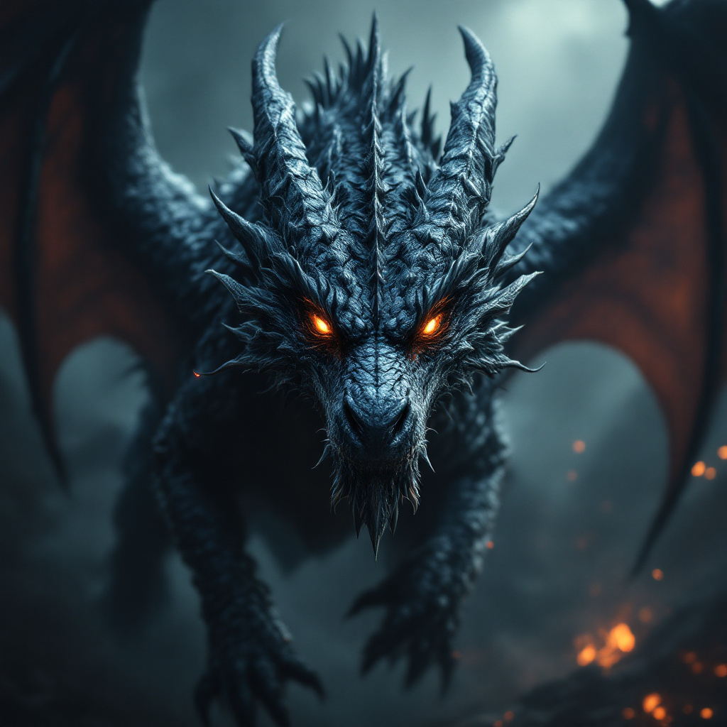 FLUX prompt: A dragon with intricate details is shown in ...