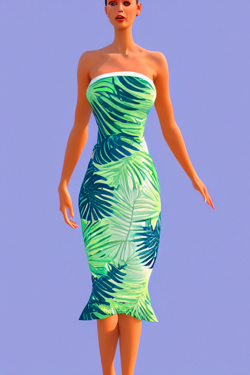 Stable Diffusion prompt: chic strapless dress, tropical s...