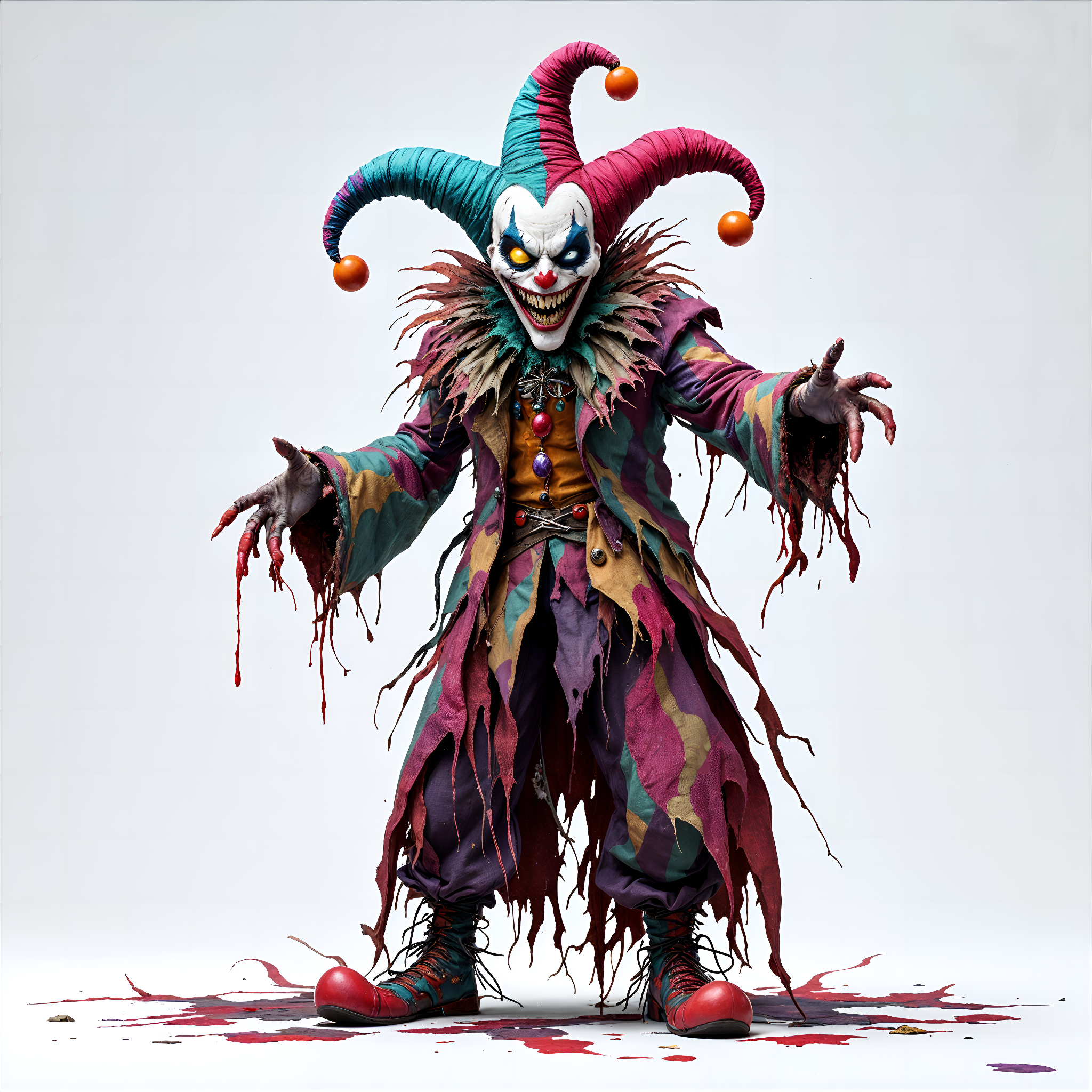 DALL·E prompt: Evil jester, full body view, white backgro...