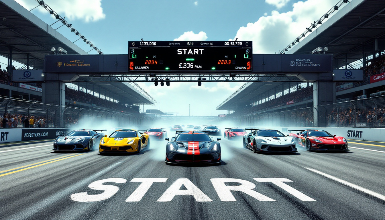 FLUX prompt: On a wide race track behind the START lane