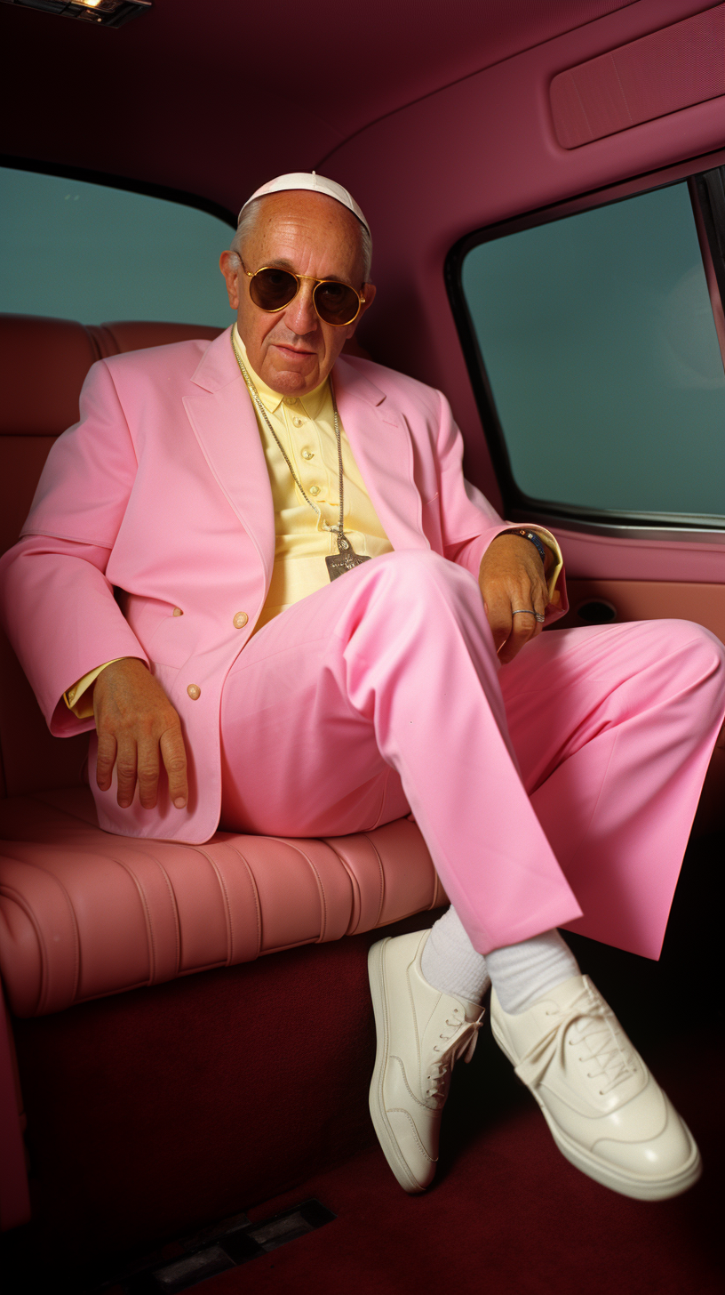 Midjourney prompt: Pope Francis in 80s Miami Style --ar 9:16