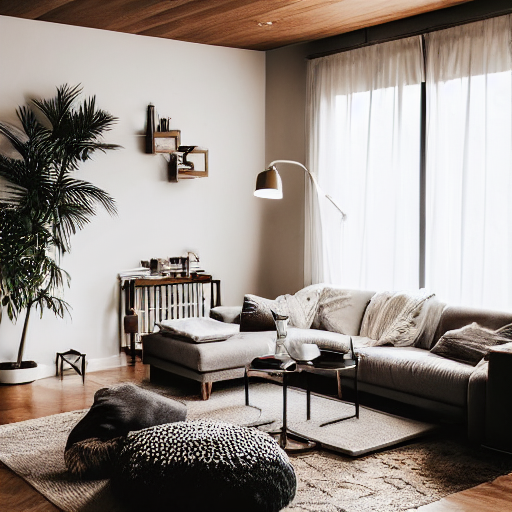 Stable Diffusion prompt: Cozy modern living room, soft sm...