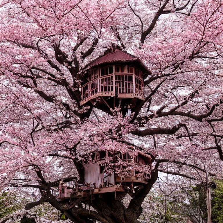 Stable Diffusion prompt: THE CHERRY BLOSSOM TREE HOUSE