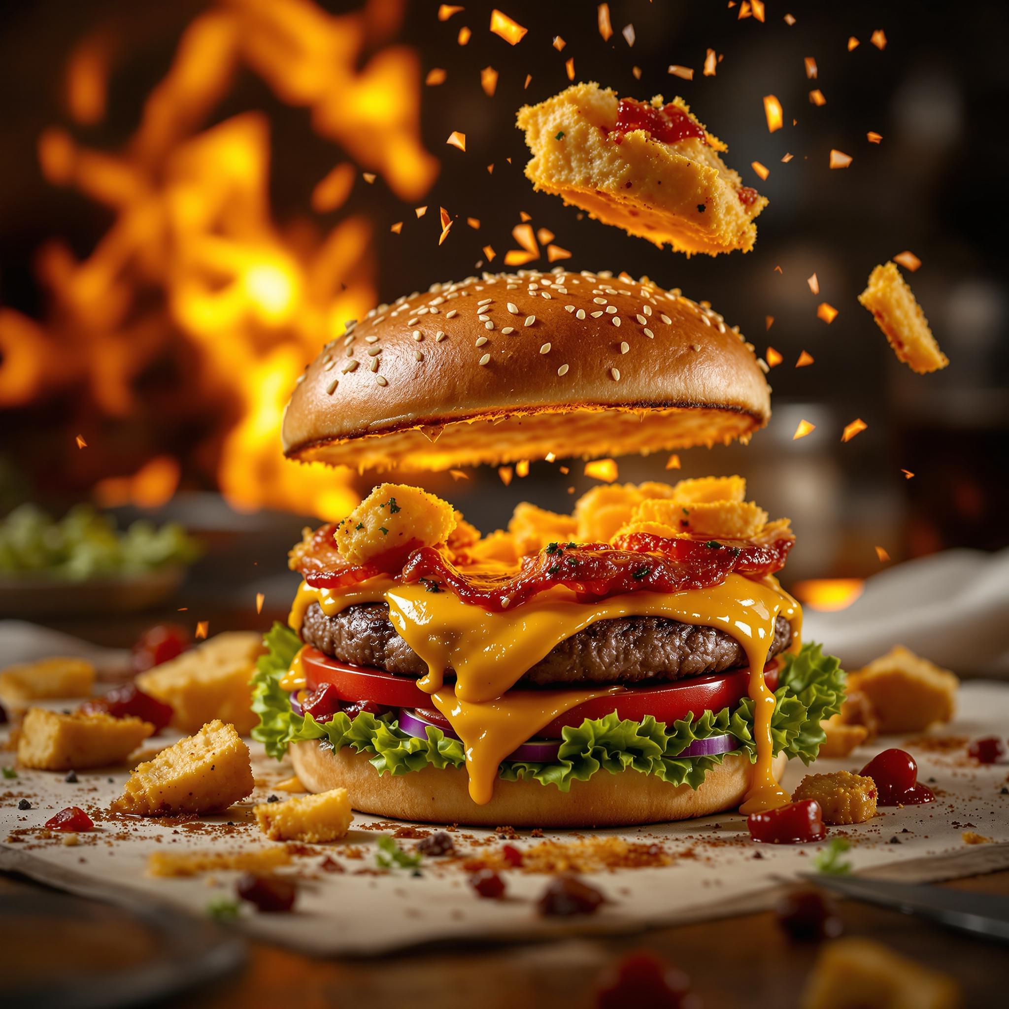 FLUX prompt: A burger falling in pieces juicy, tasty, hot...