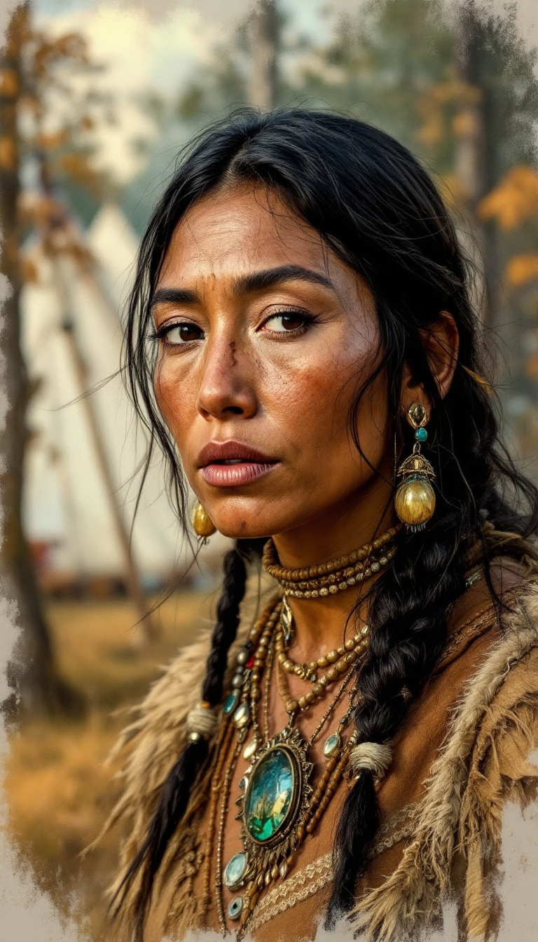 FLUX prompt: A half draw of a real native american india...