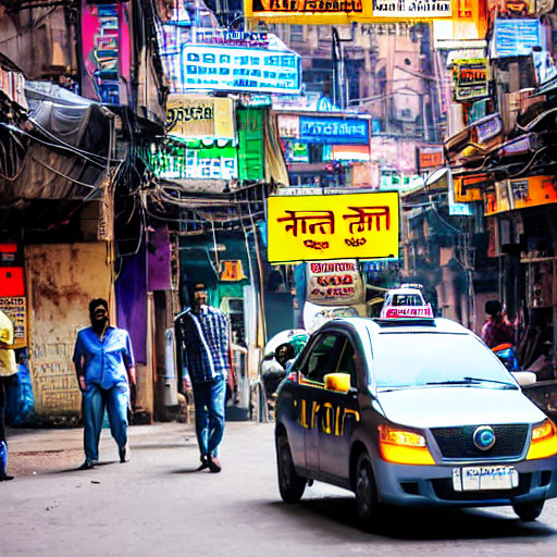 Stable Diffusion prompt: robots driving taxi on indian st...