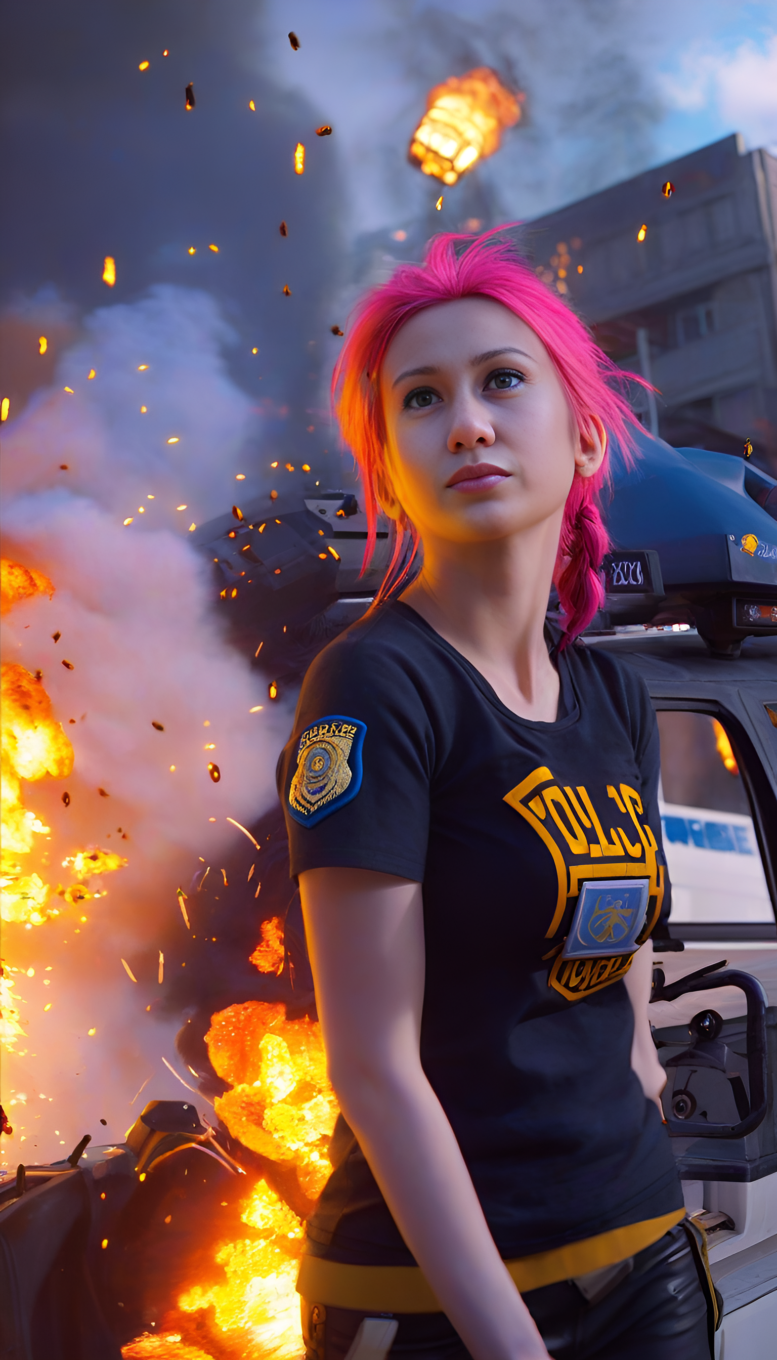 Stable Diffusion prompt: Jinx, on top of a police car, ex...