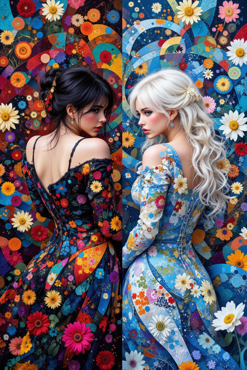 FLUX prompt: two girls facing different direction, girl w...