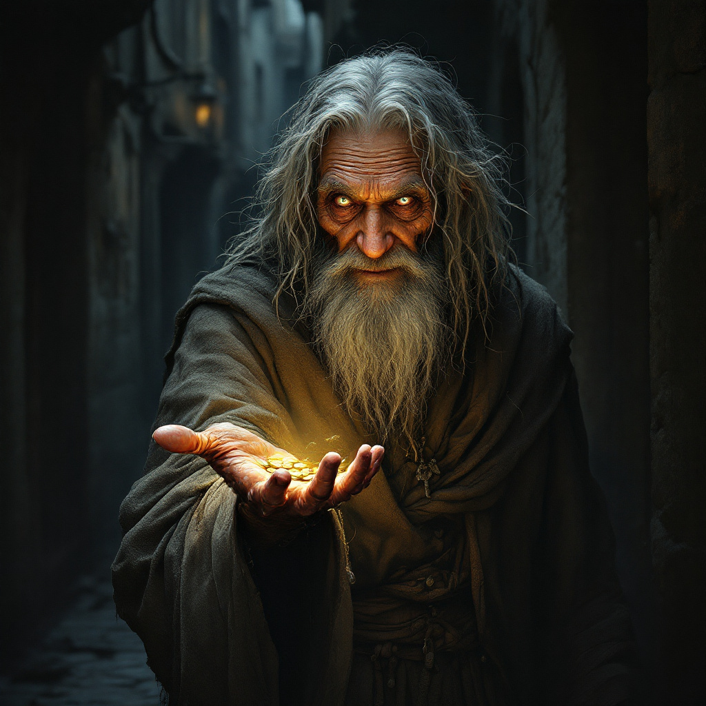 FLUX prompt: An old, strange man stands in a dark, forgot...