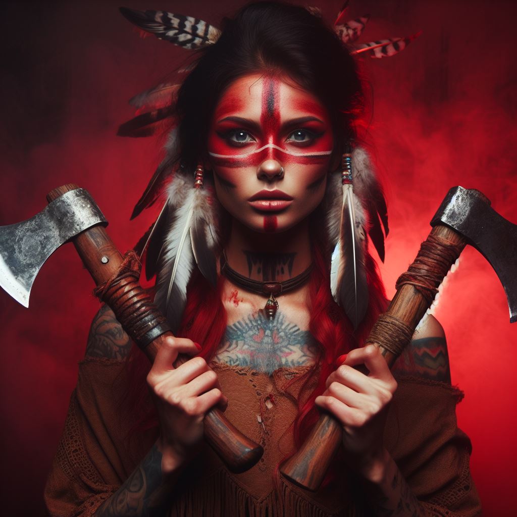 DALL·E prompt: Native American woman holding two tomahawk...