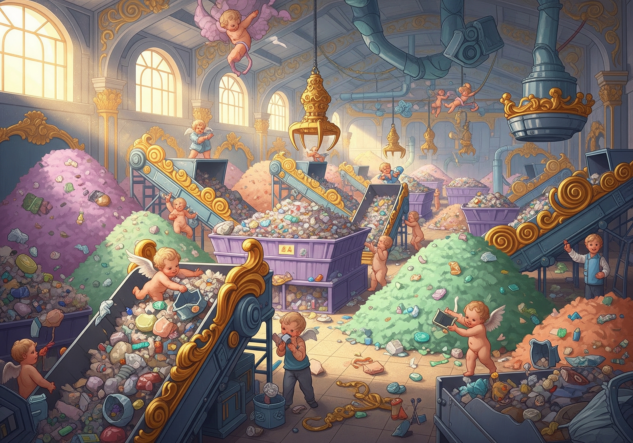 FLUX prompt: A chaotic garbage sorting facility, depicted...