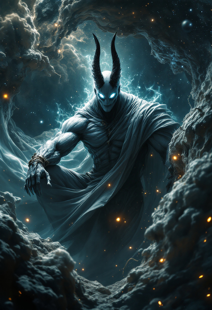 FLUX prompt: God of Death full-body, Etherial, muscular,