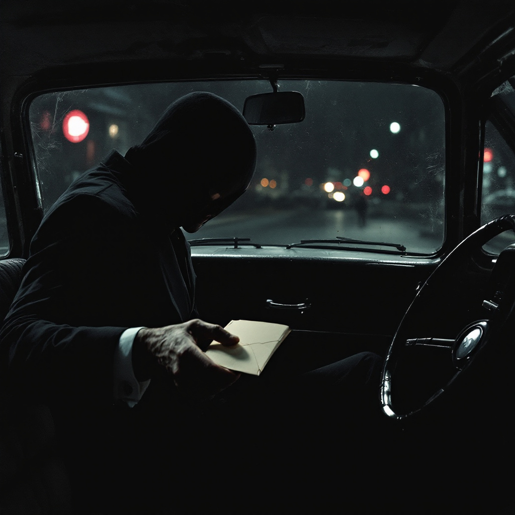 FLUX prompt: Interior of an old taxi at night, a mysterio...