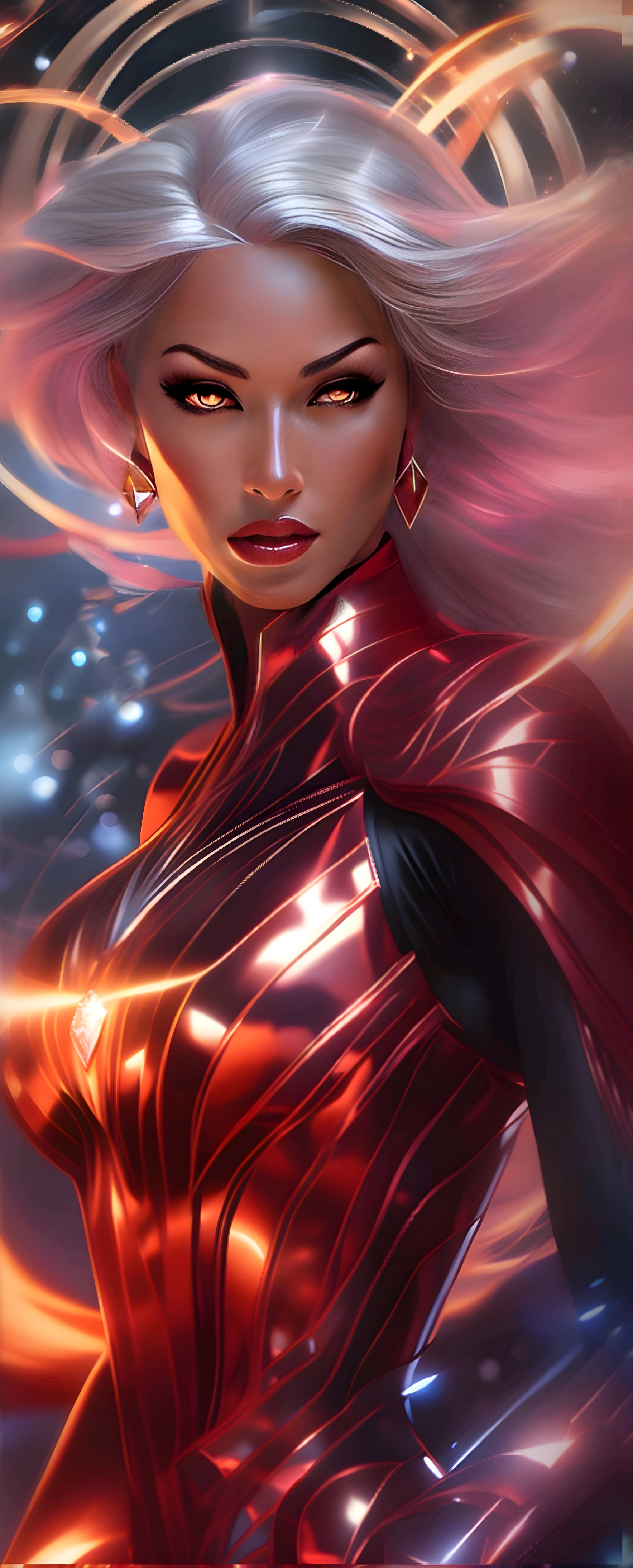 Stable Diffusion prompt: Super heroine Morphing from nemesis, obsidian hair...