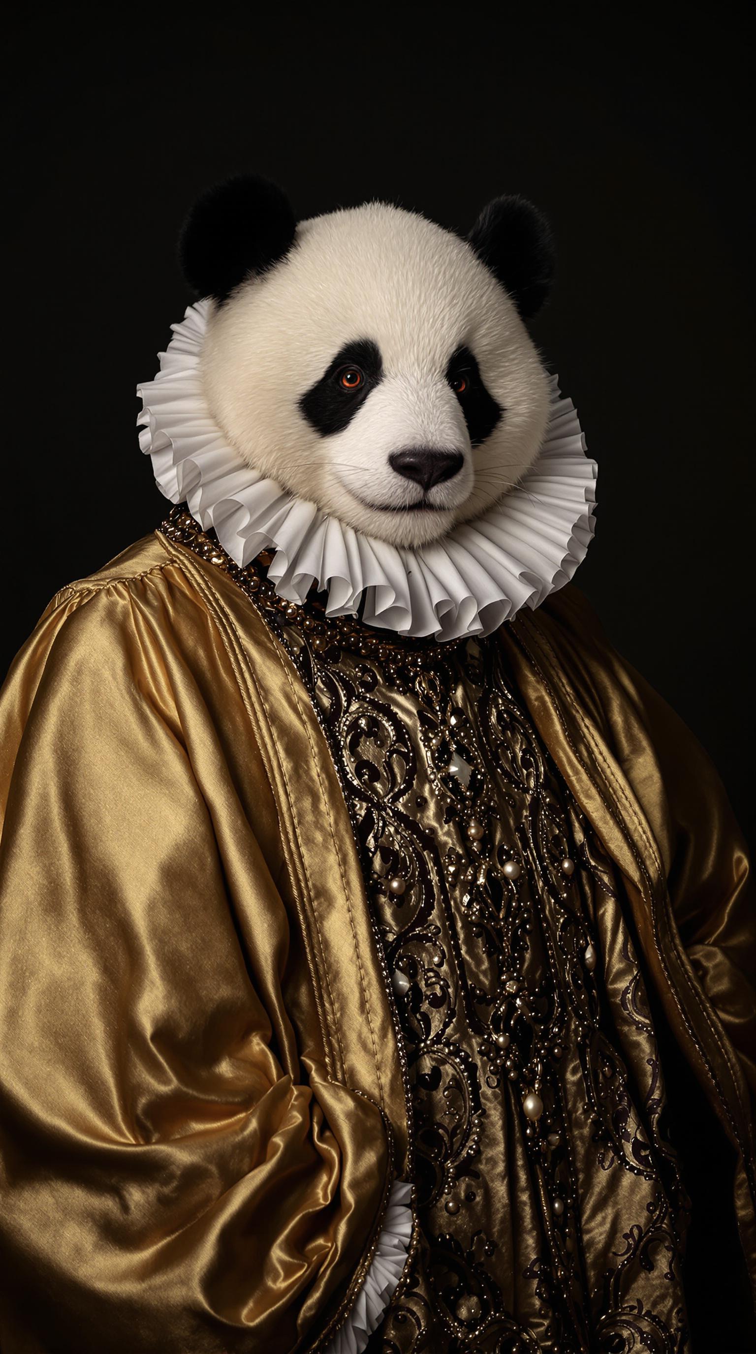 FLUX prompt: panda, renaissance costume, ruff collar, gol...