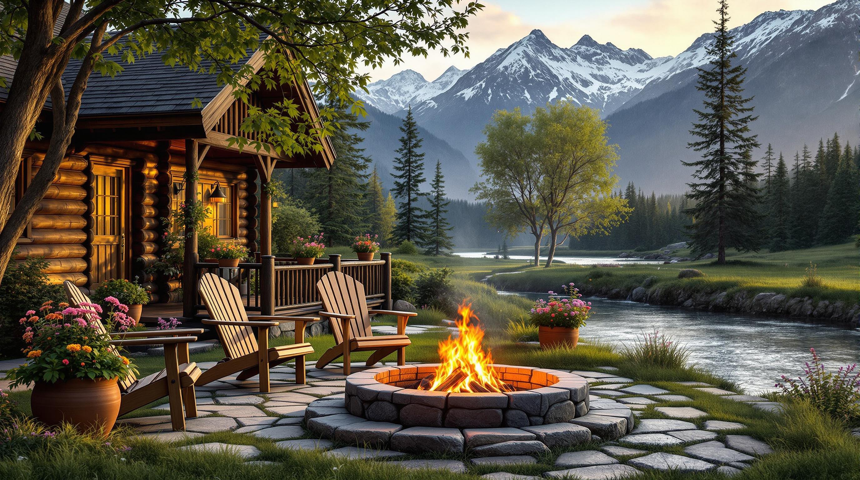 FLUX prompt: Rustic mountain cabin retreat. Peaceful sce...