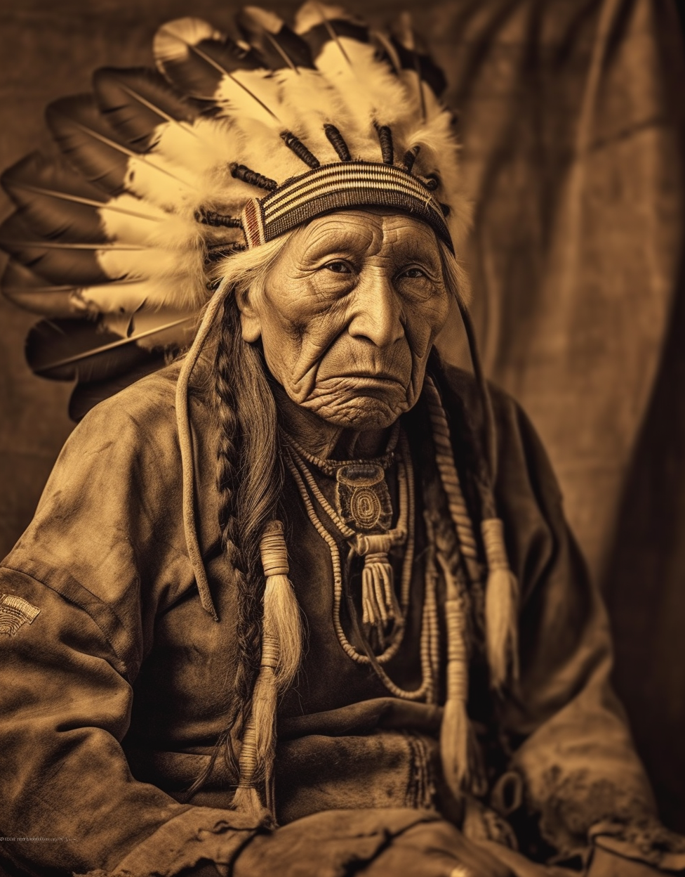 Midjourney prompt: an old photograph of a native american...