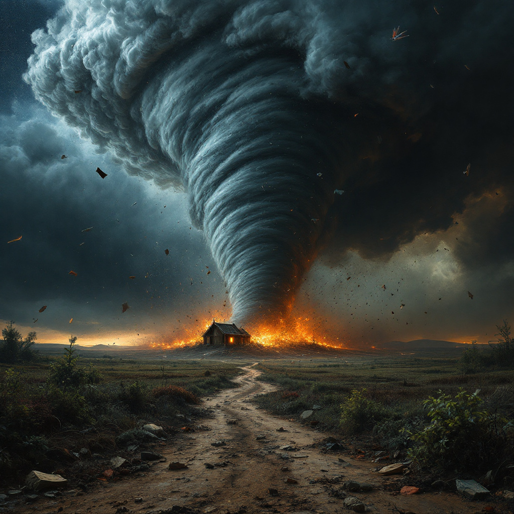 FLUX prompt: a tornado, dark as night, bearing down on th...