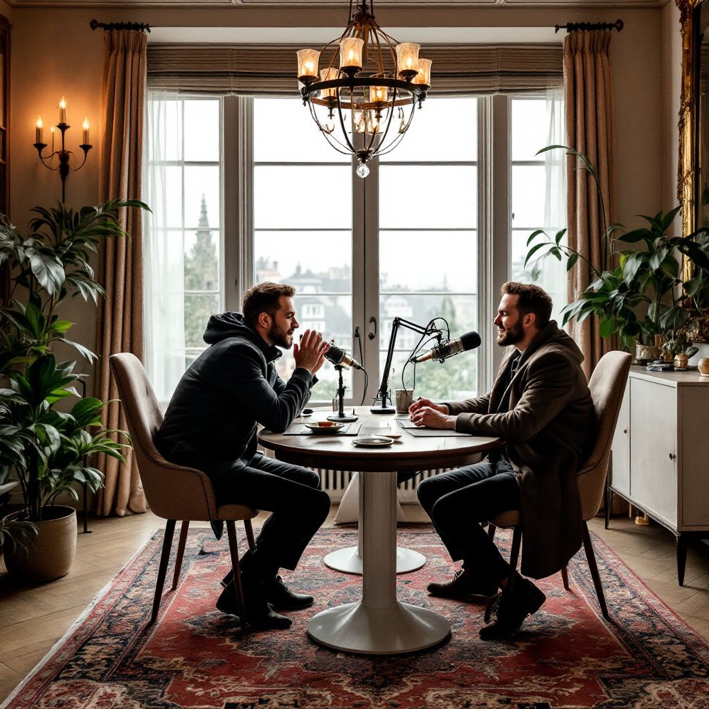 FLUX prompt: A very lavish 2 person podcast set up one ma...