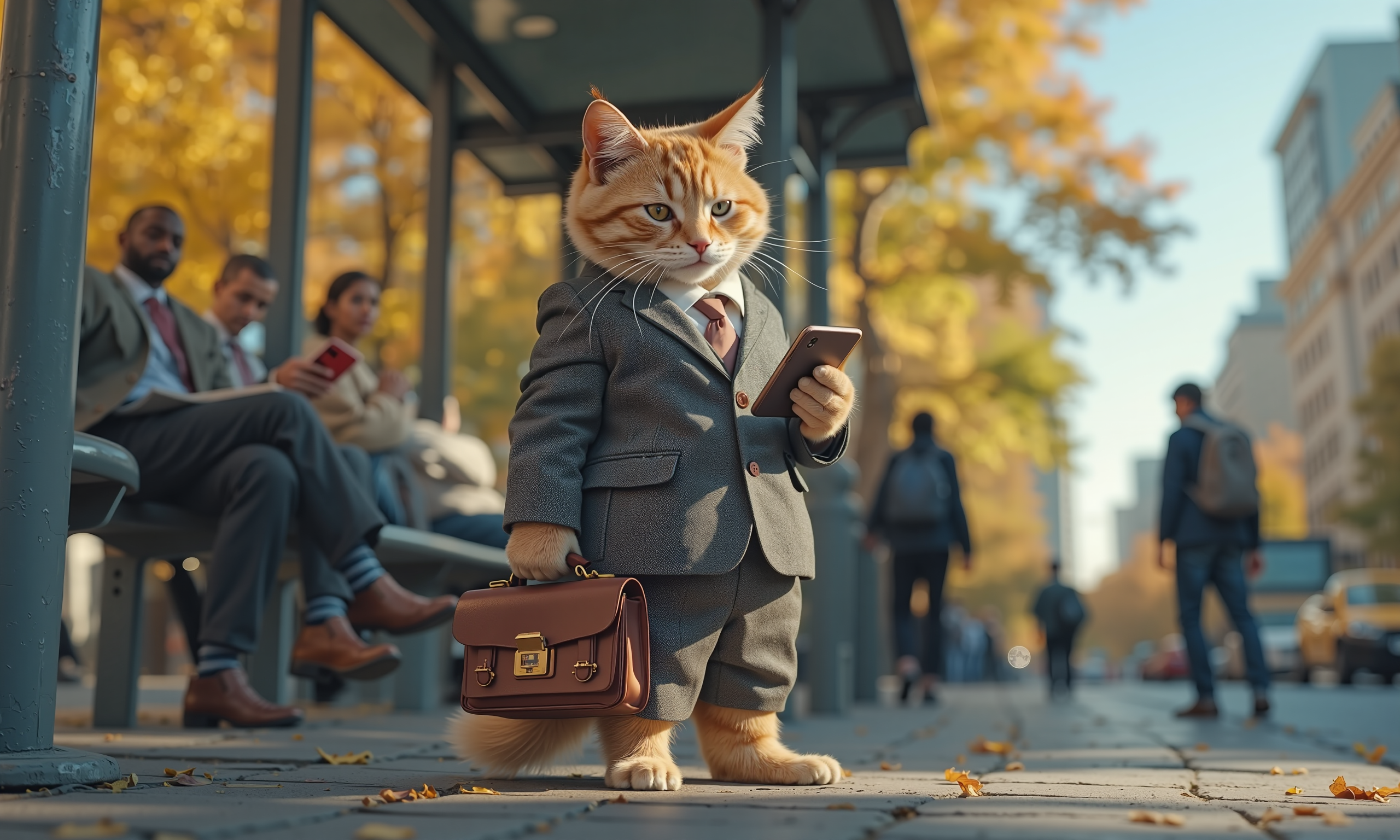 FLUX prompt: A realistic photo of a small cat wear a busi...