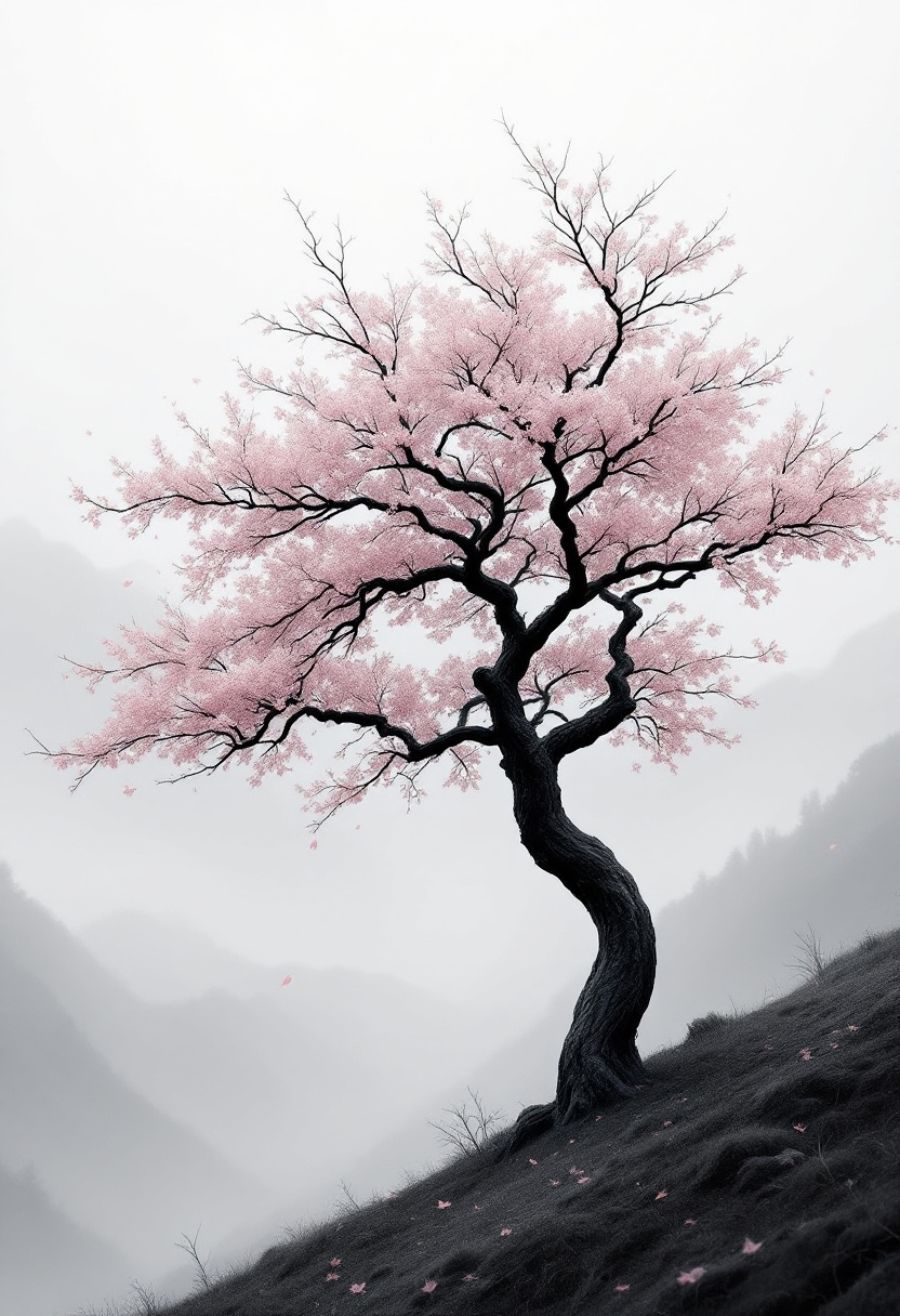 FLUX prompt: A solitary cherry blossom tree with dark, we...