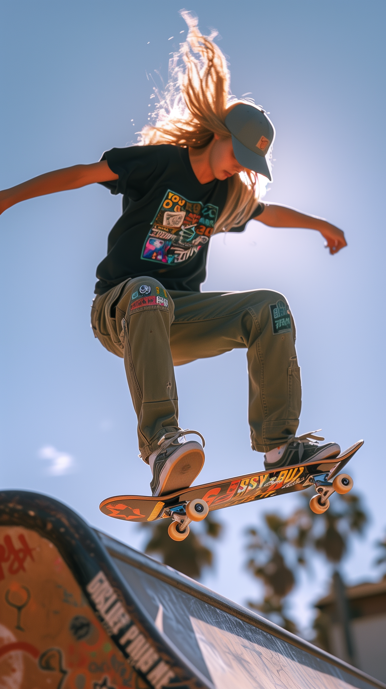 Midjourney prompt: photography, female skateboarder is ca...