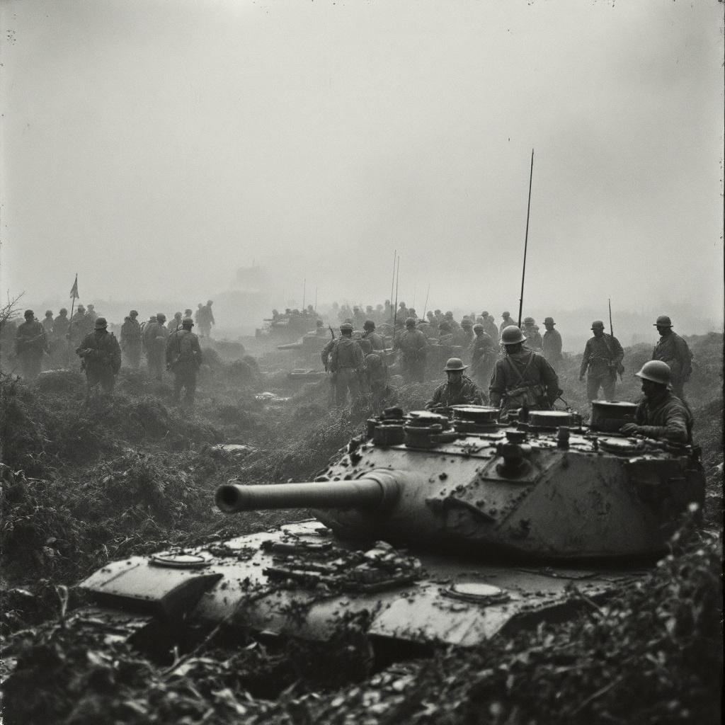 FLUX prompt: "Allied troops huddled behind tank traps, fo...
