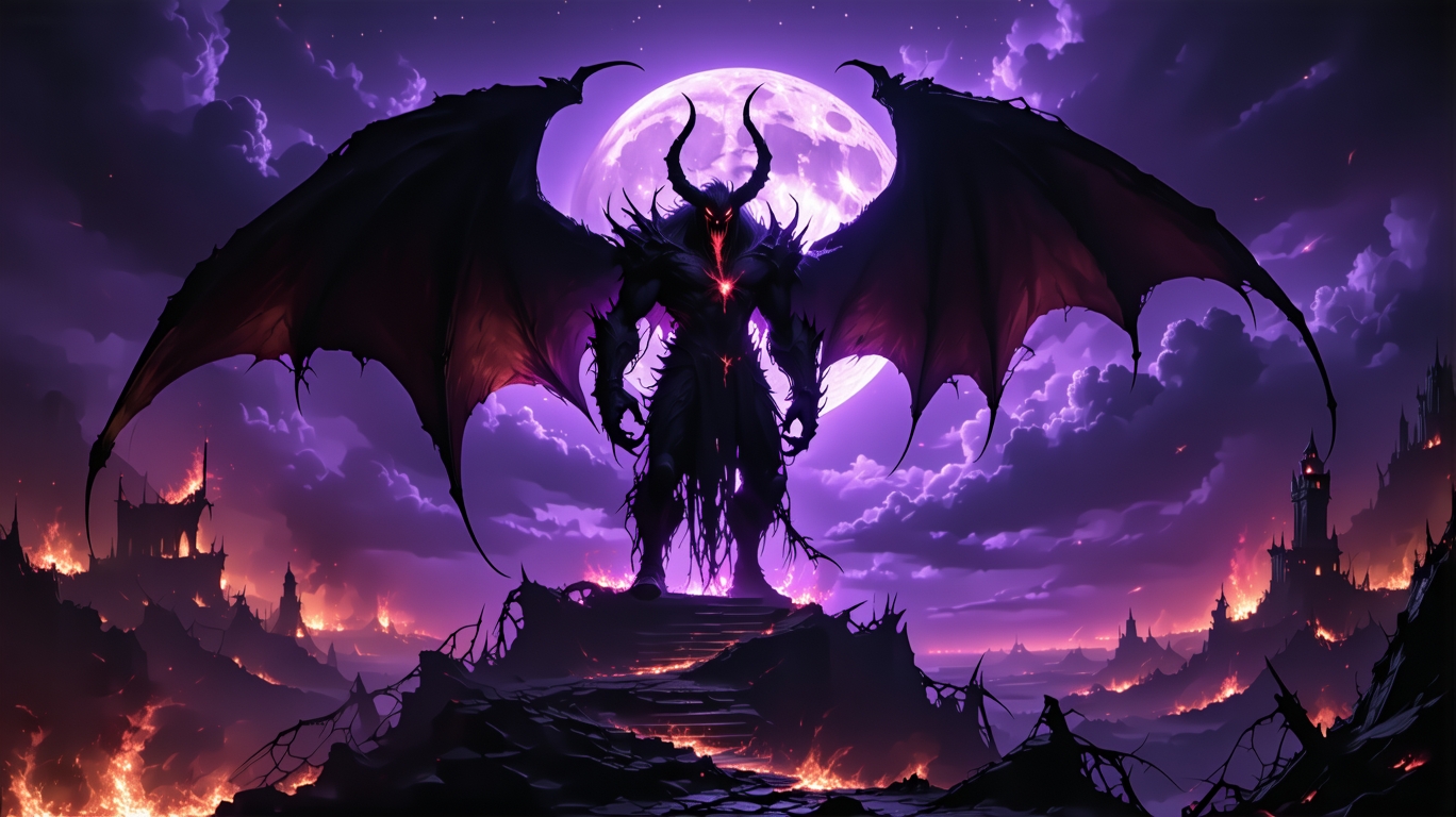 Stable Diffusion prompt: A towering avenging demon with d...