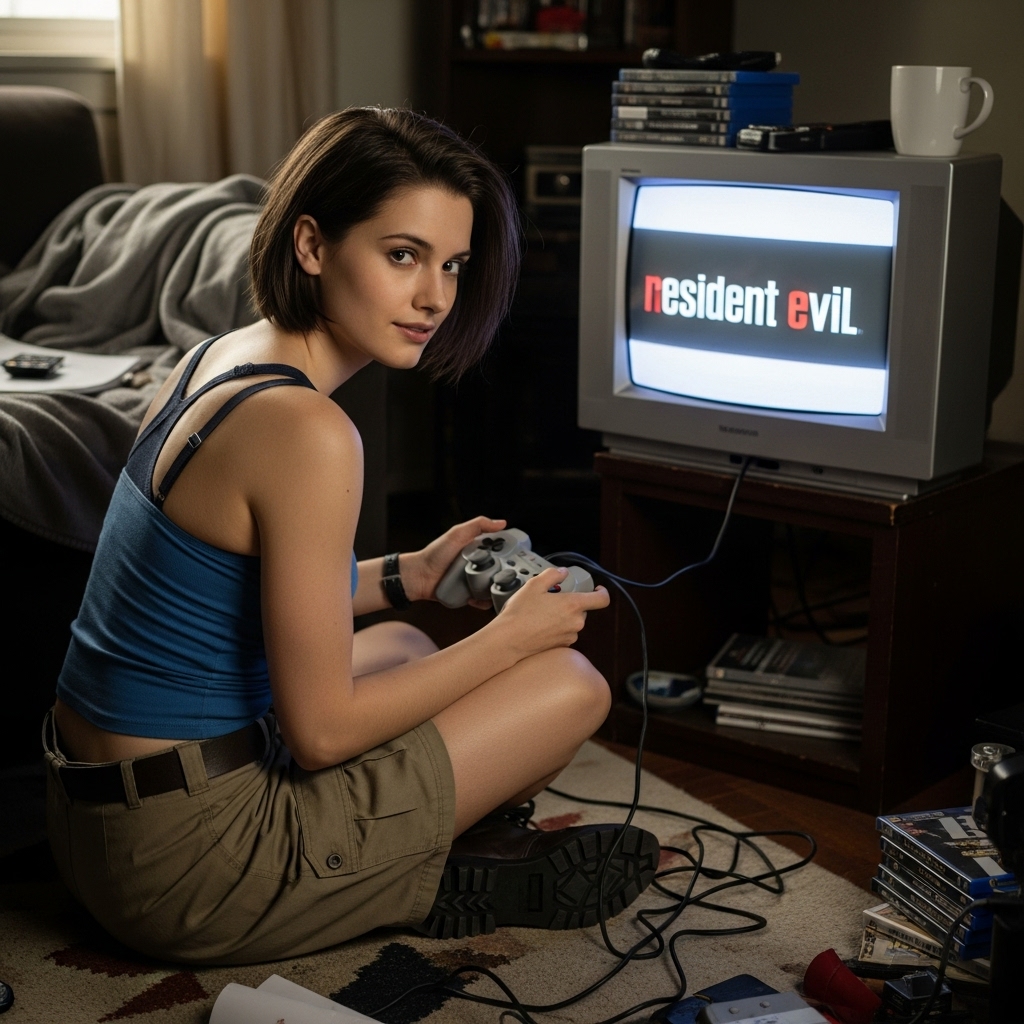 Google Imagen prompt: jill valentine sitting on the floor...