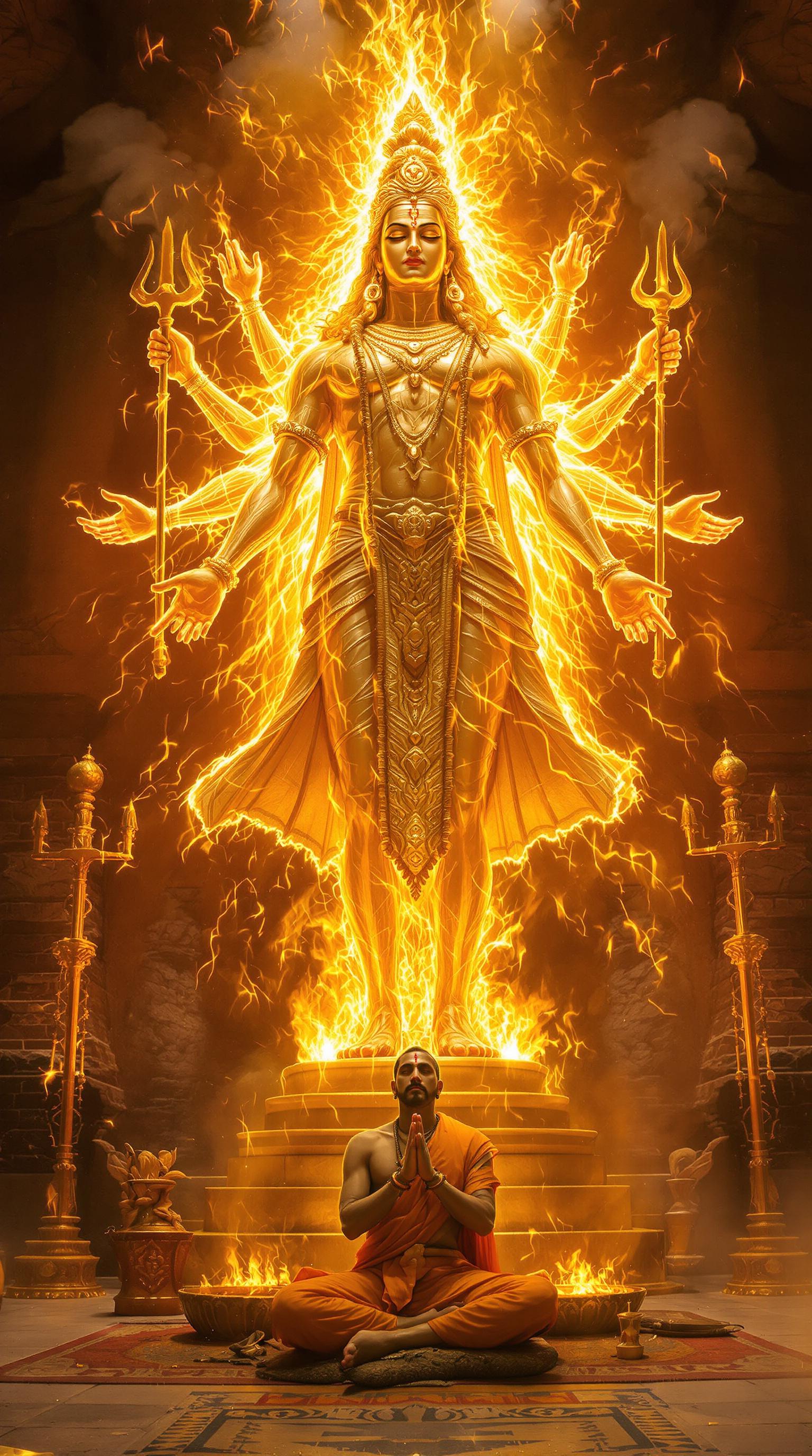 FLUX prompt: Hindu deity, Shiva, radiant golden form, tow...