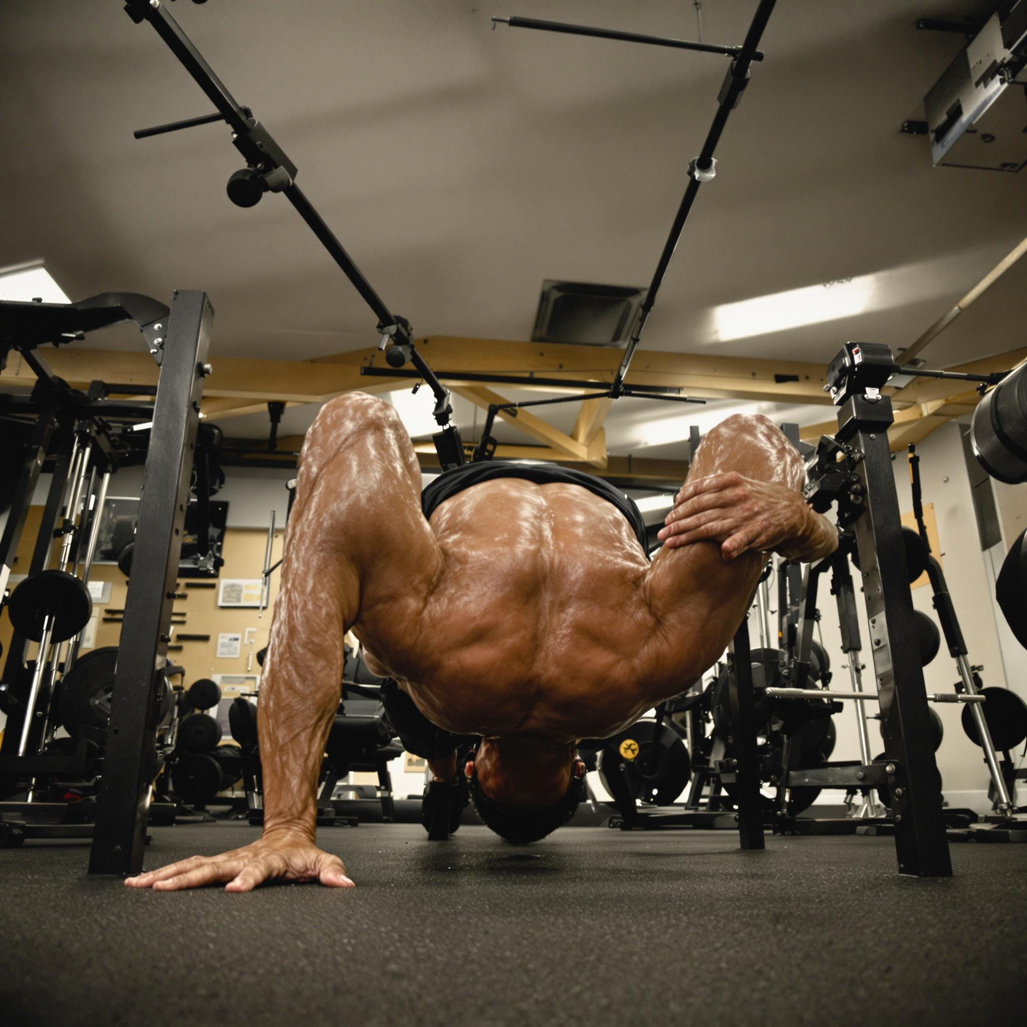 FLUX prompt: low angle view of a bodybuilder in black sho...