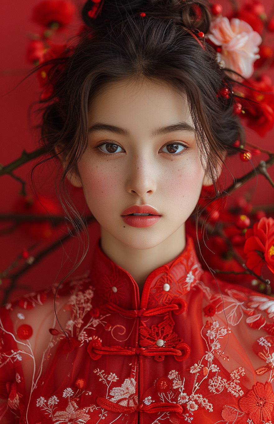 Midjourney prompt: chinese red blouse, in the style of dr...