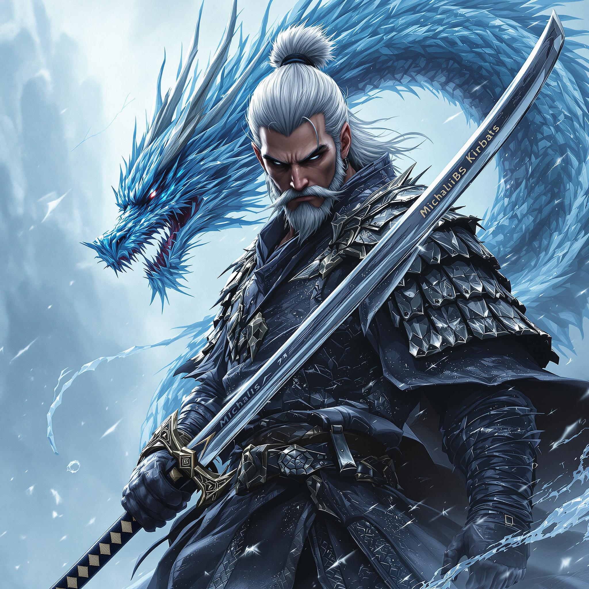 FLUX prompt: ice dragon backround,gray hair,mighty samura...