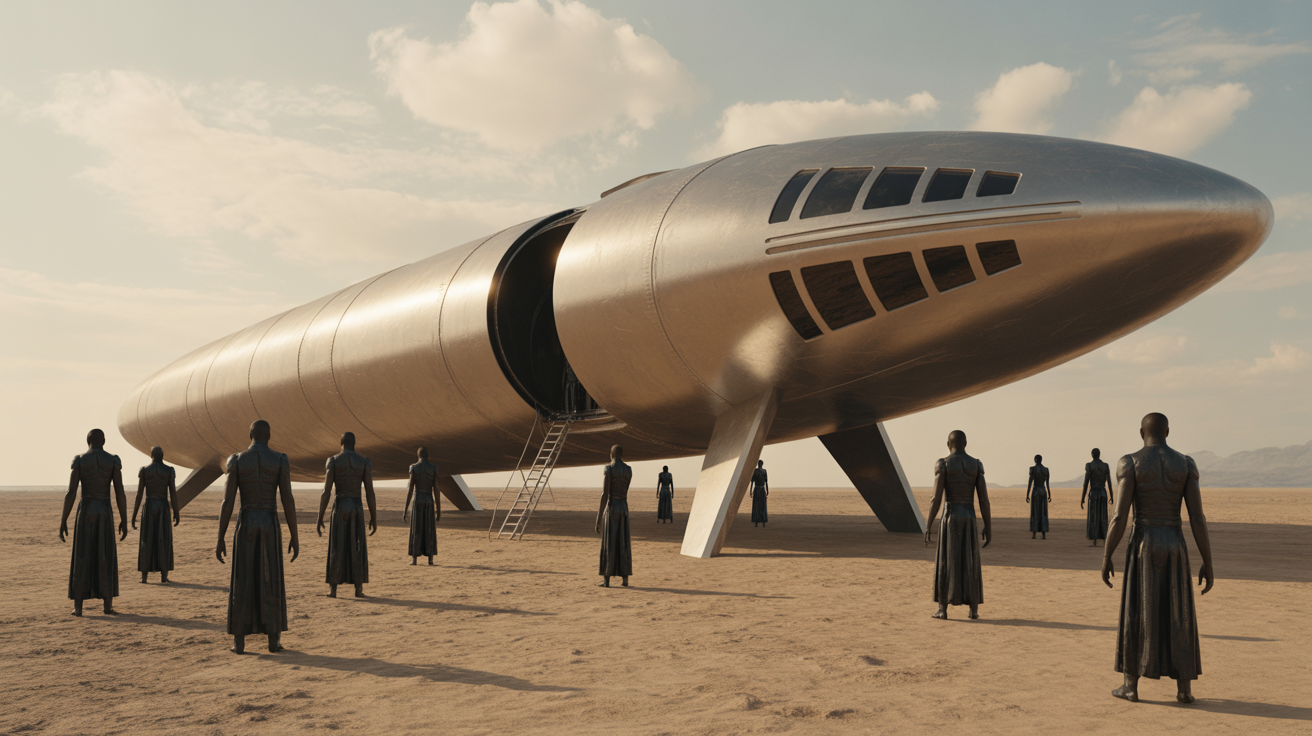 Ideogram prompt: A cigar shaped alien spaceship landing w...