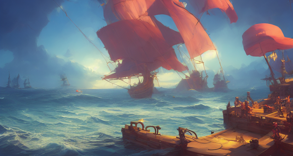 Stable Diffusion prompt: ocean where a large pirate ship ...