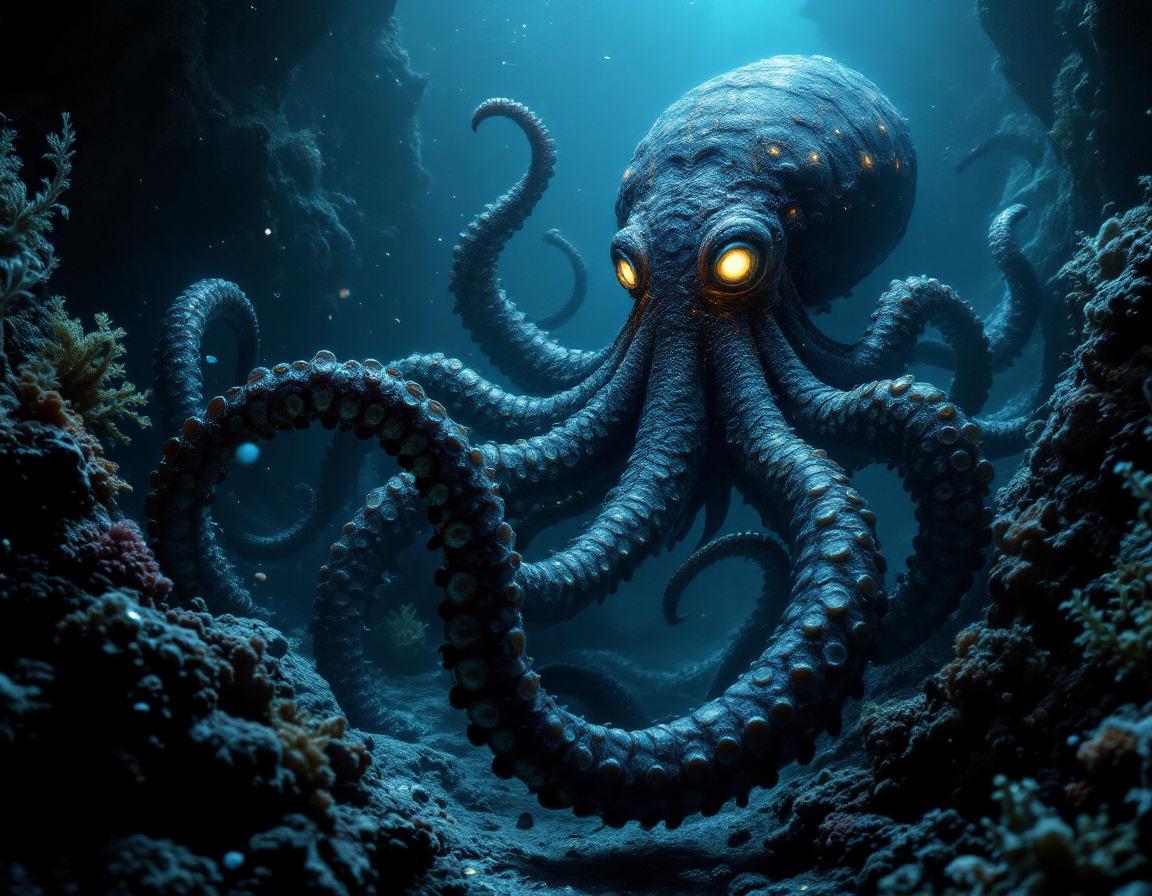 FLUX prompt: Deep in the shadowy depths of an alien ocean...