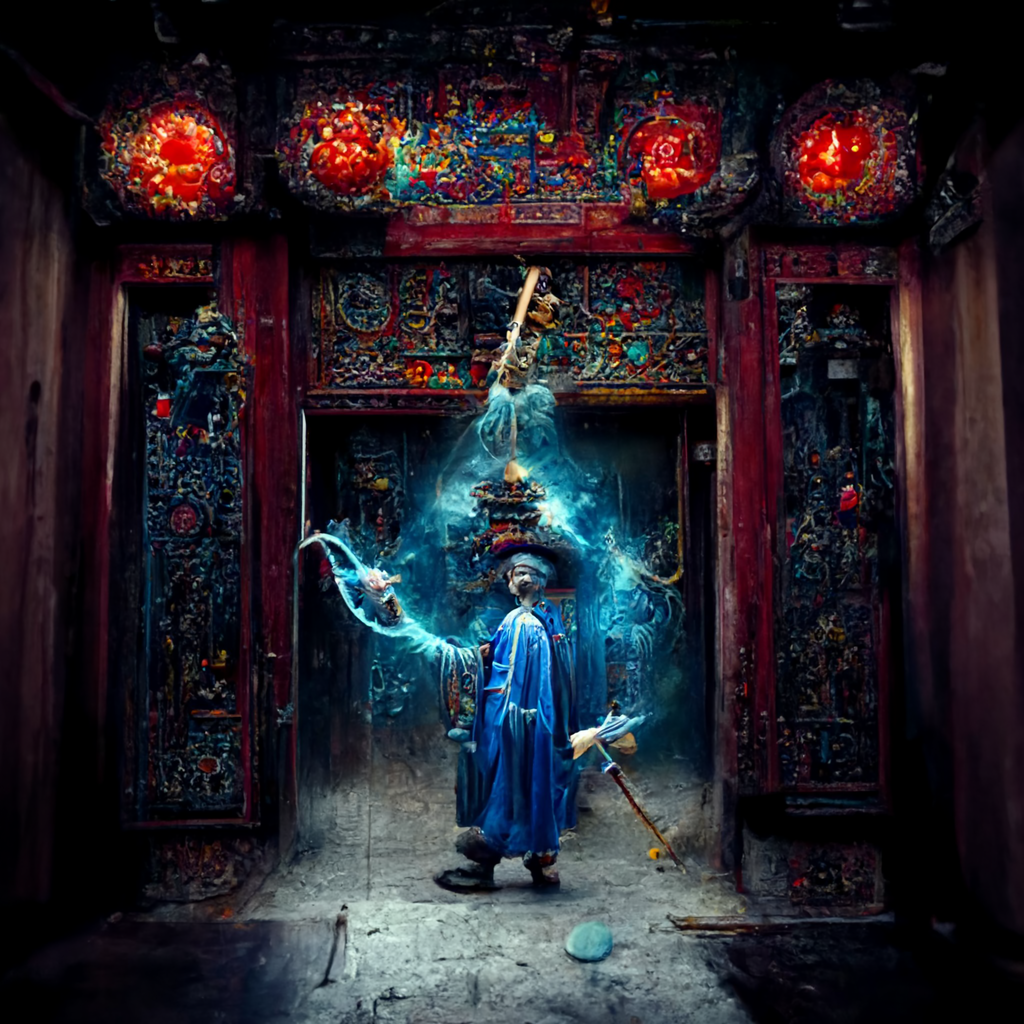 Midjourney prompt: an orient wizard standing in a chinese...
