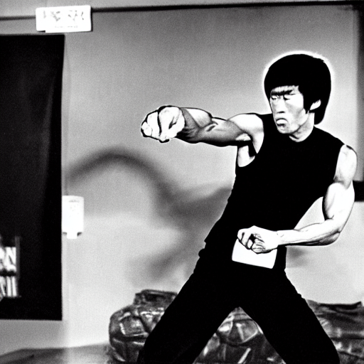 Stable Diffusion prompt: Bruce Lee in fists of fury, hand...