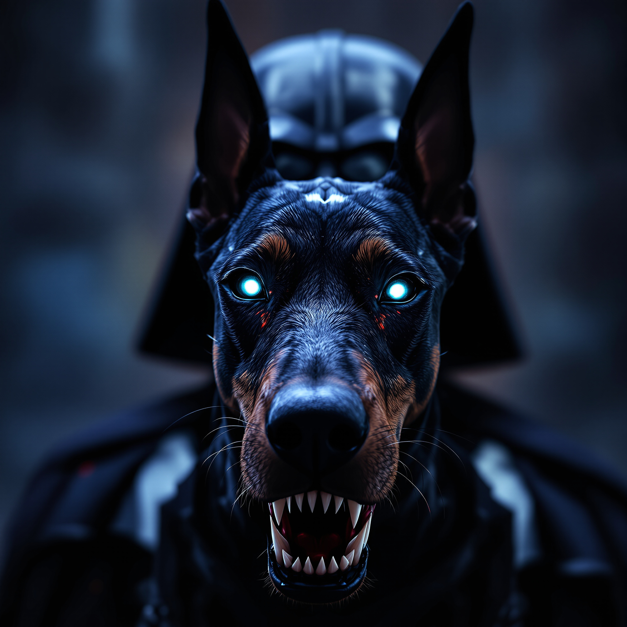 FLUX prompt: A menacing cyber Doberman stands tall, its e...