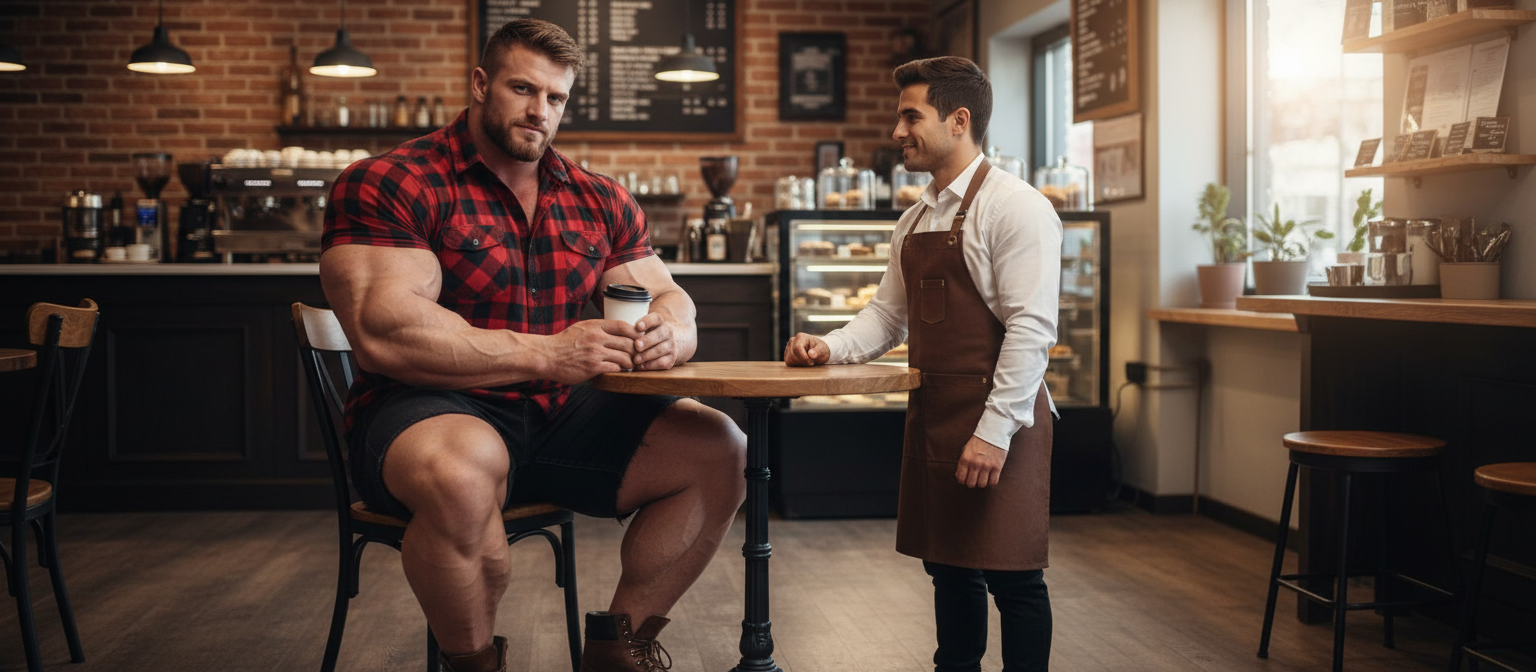 Nano Banana prompt: At a coffee shop the bodybuilder is ...