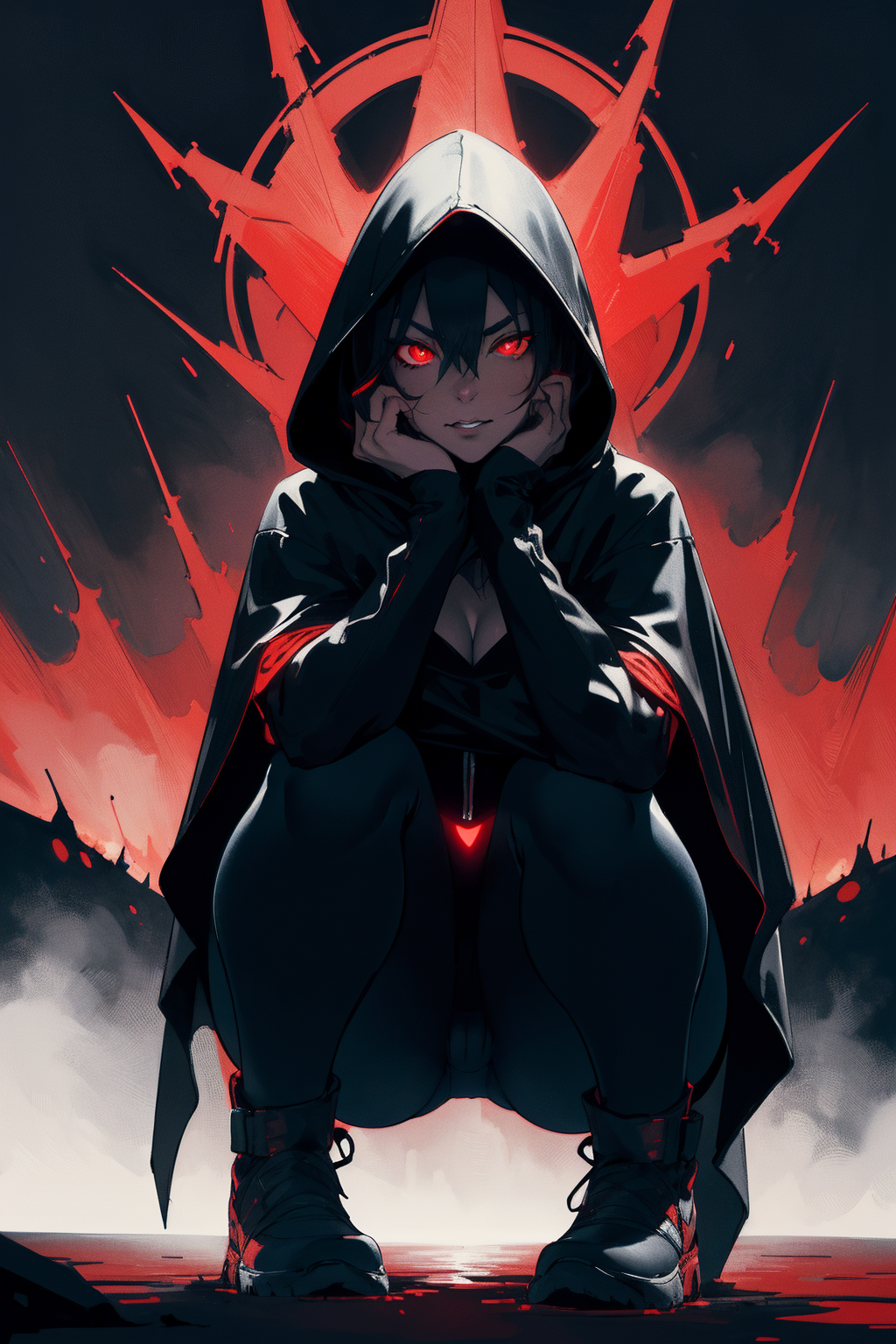 Stable Diffusion prompt: Evil young woman, glowing red ey...