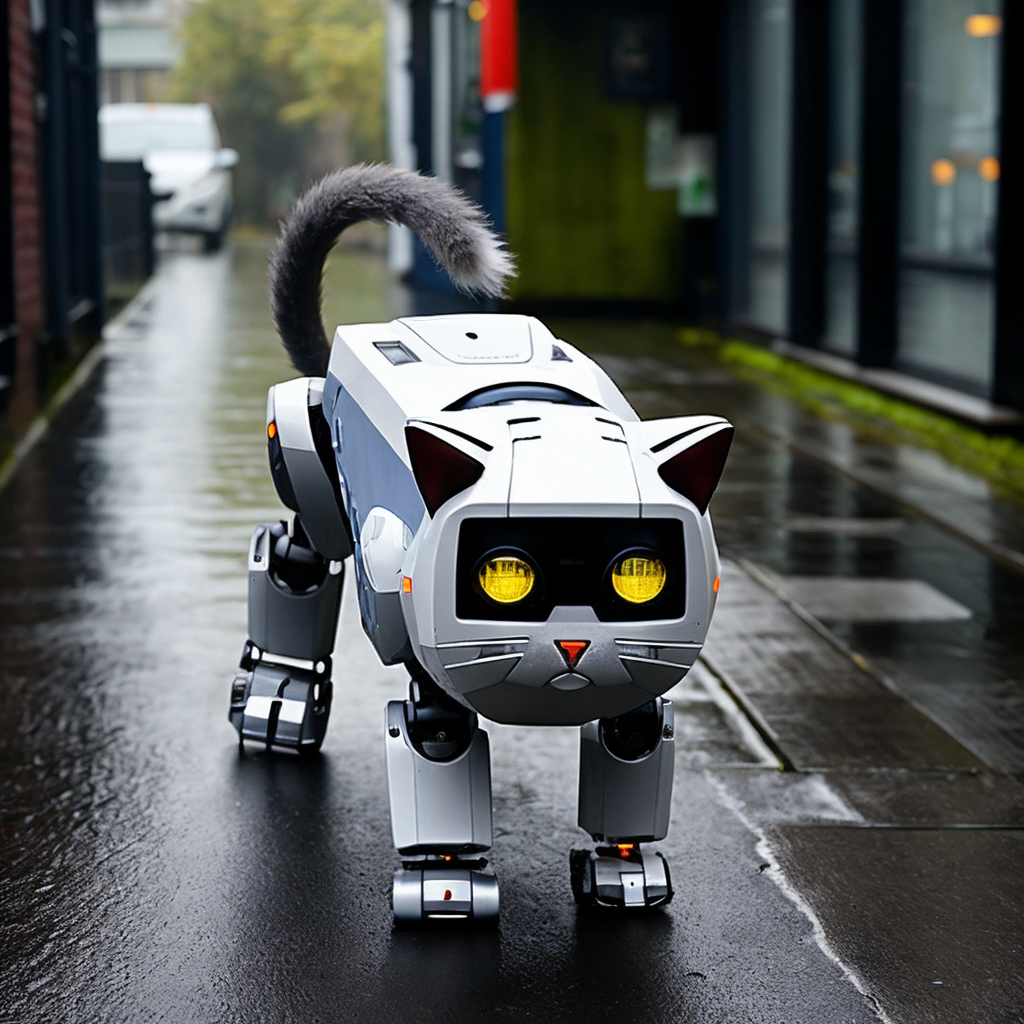 Stable Diffusion prompt: robotic cat walking down wet moo...