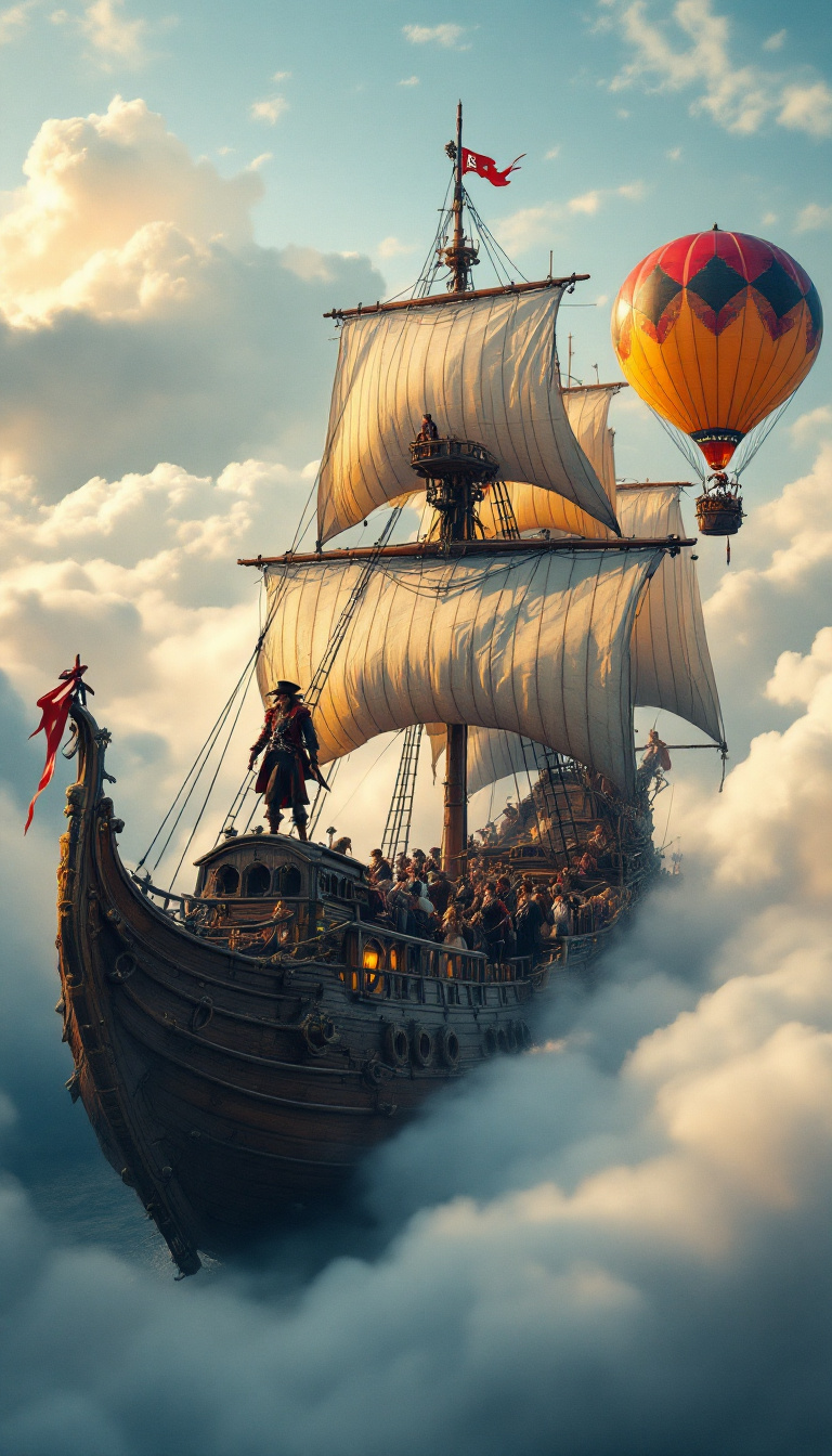 FLUX prompt: A majestic wooden ship with hot air balloons...