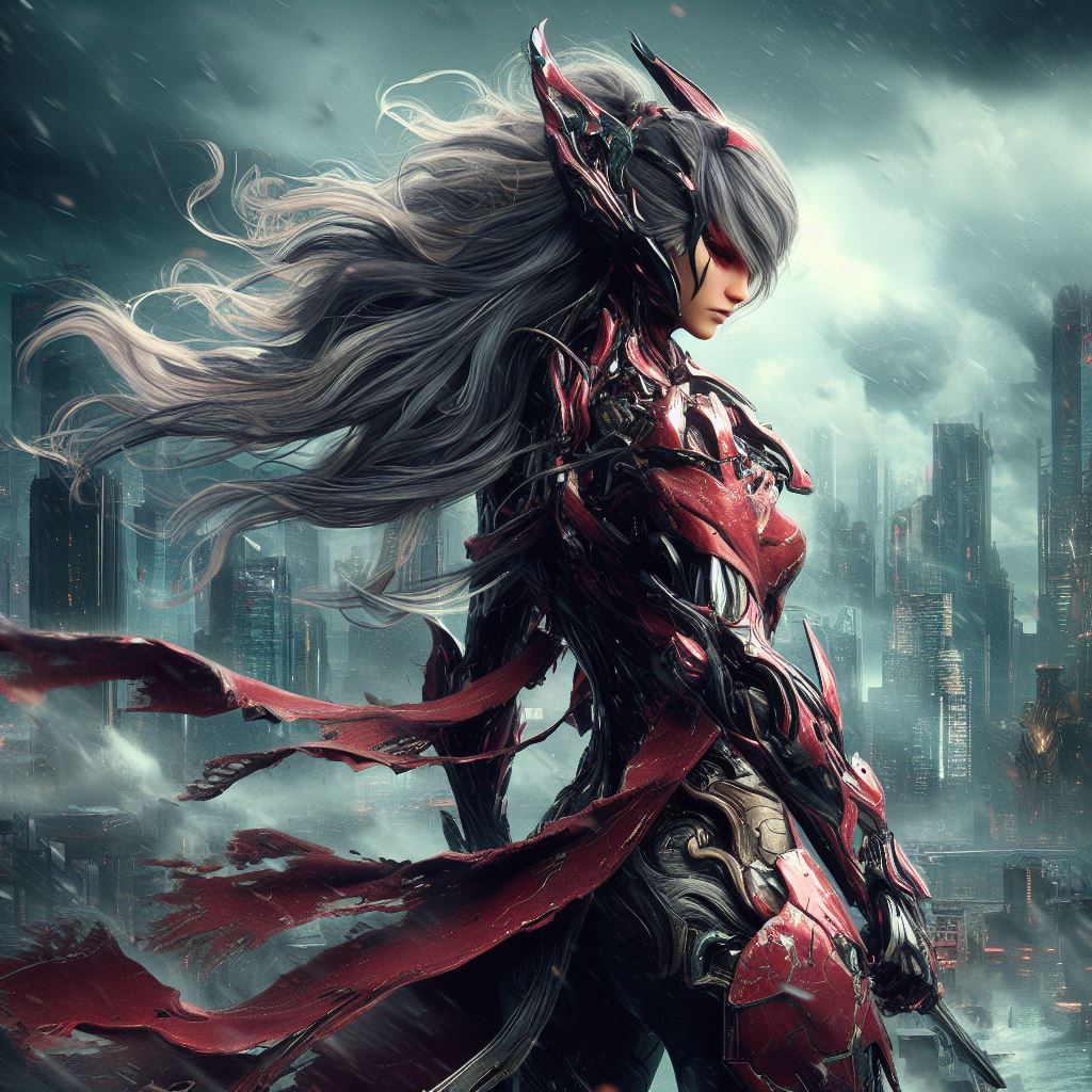 DALL·E prompt: Badass woman wearing a damaged organic Sam...